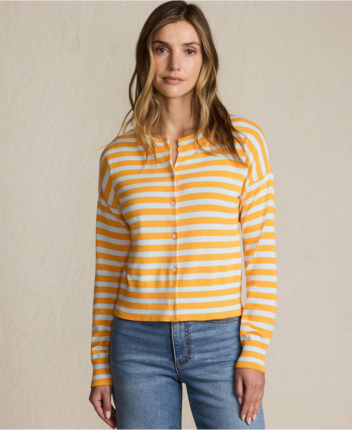 Lands End Womens Cropped Fine Gauge Crew Neck Cardigan Sweater - Sweet mango/ice blue breton