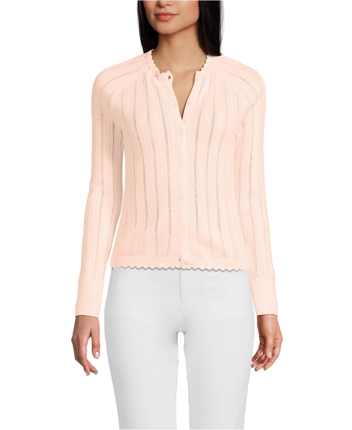 Click here for Lands End Womens Cotton Pointelle Satin Trim Cardi... prices