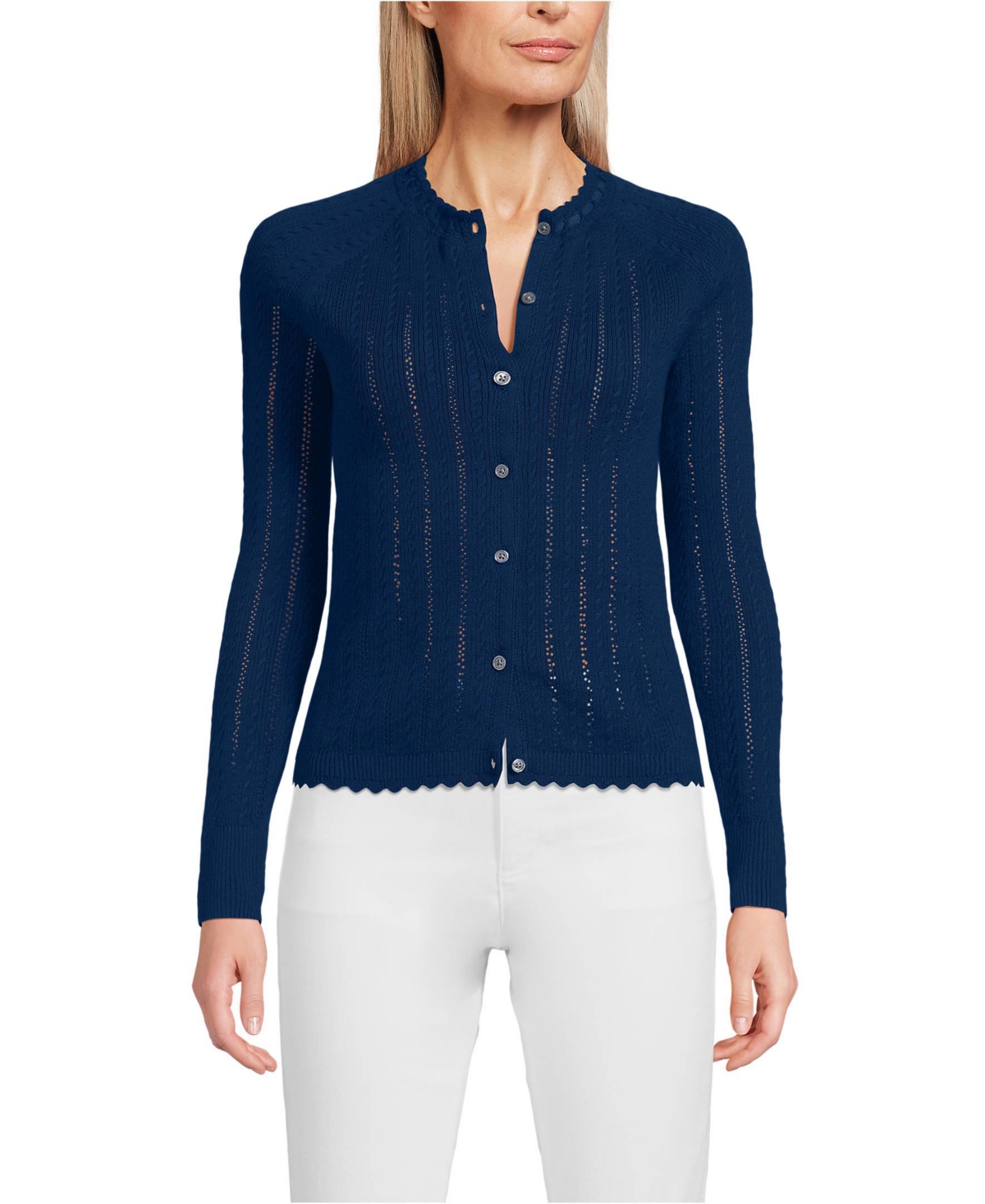 Click here for Lands End Womens Cotton Pointelle Satin Trim Cardi... prices