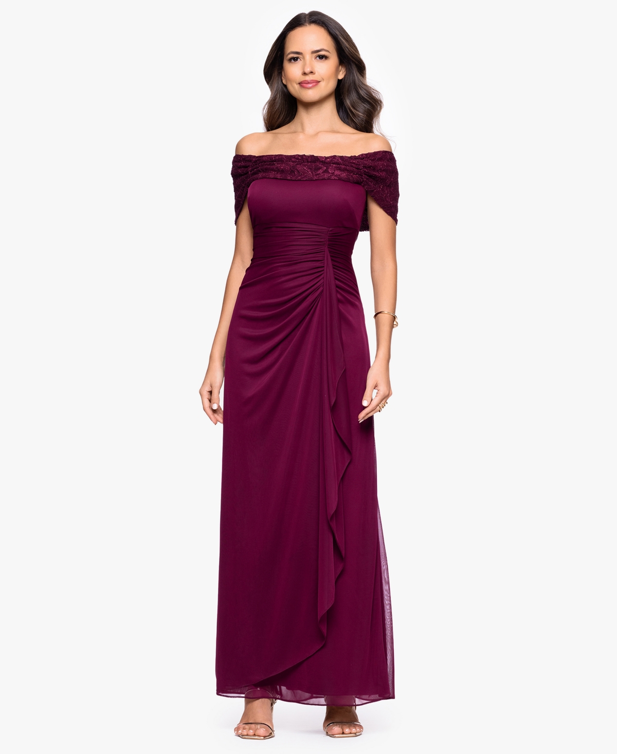 Click here for Betsy and Adam Womens Long Off-the-Shoulder Dress... prices