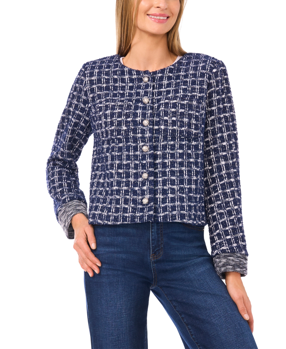 CeCe Womens Collarless Crew Neck Long Sleeve Jacket - Classic Navy