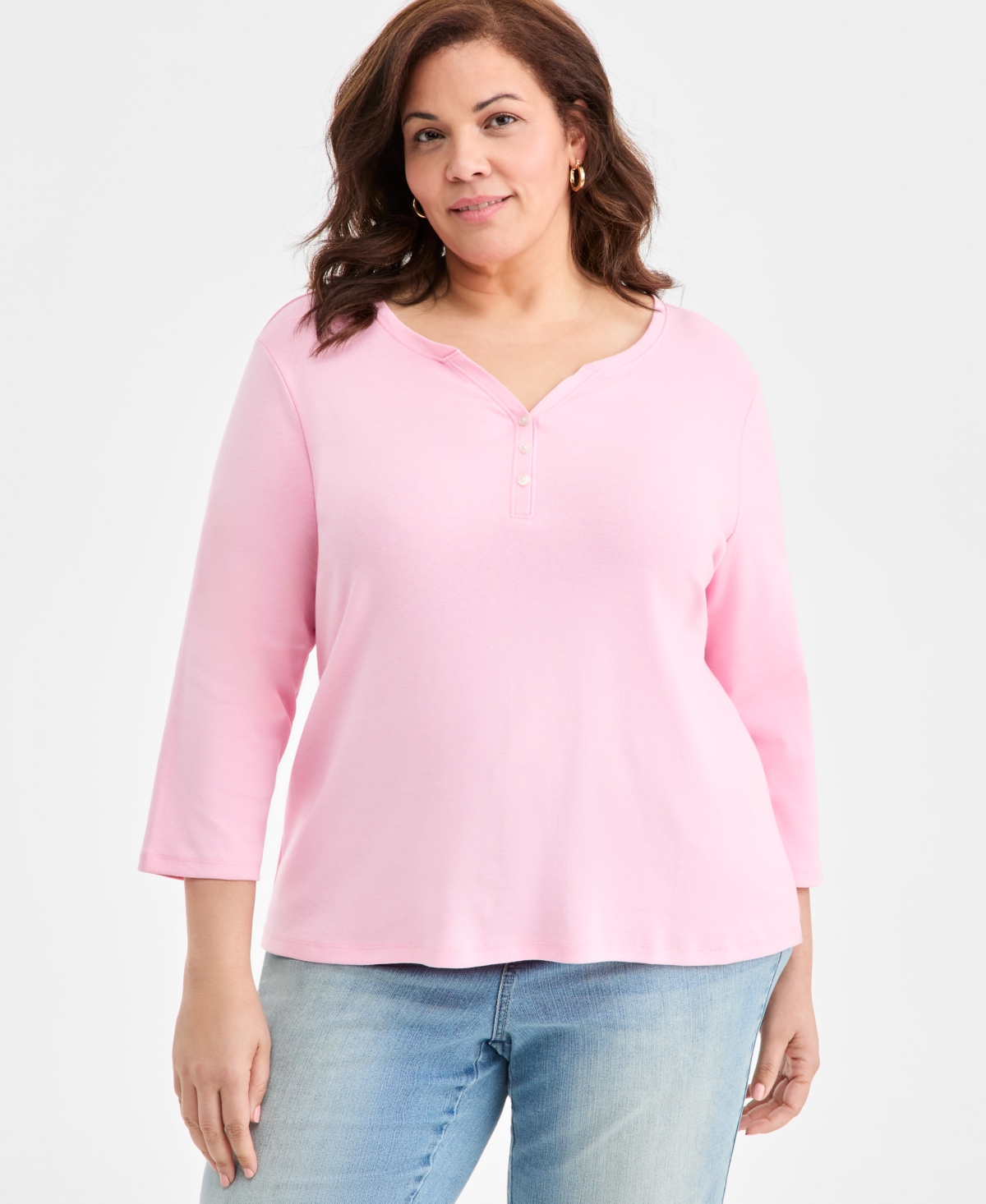 Click here for Style & Co Plus Size 3/4-Sleeve Cotton Henley Top... prices