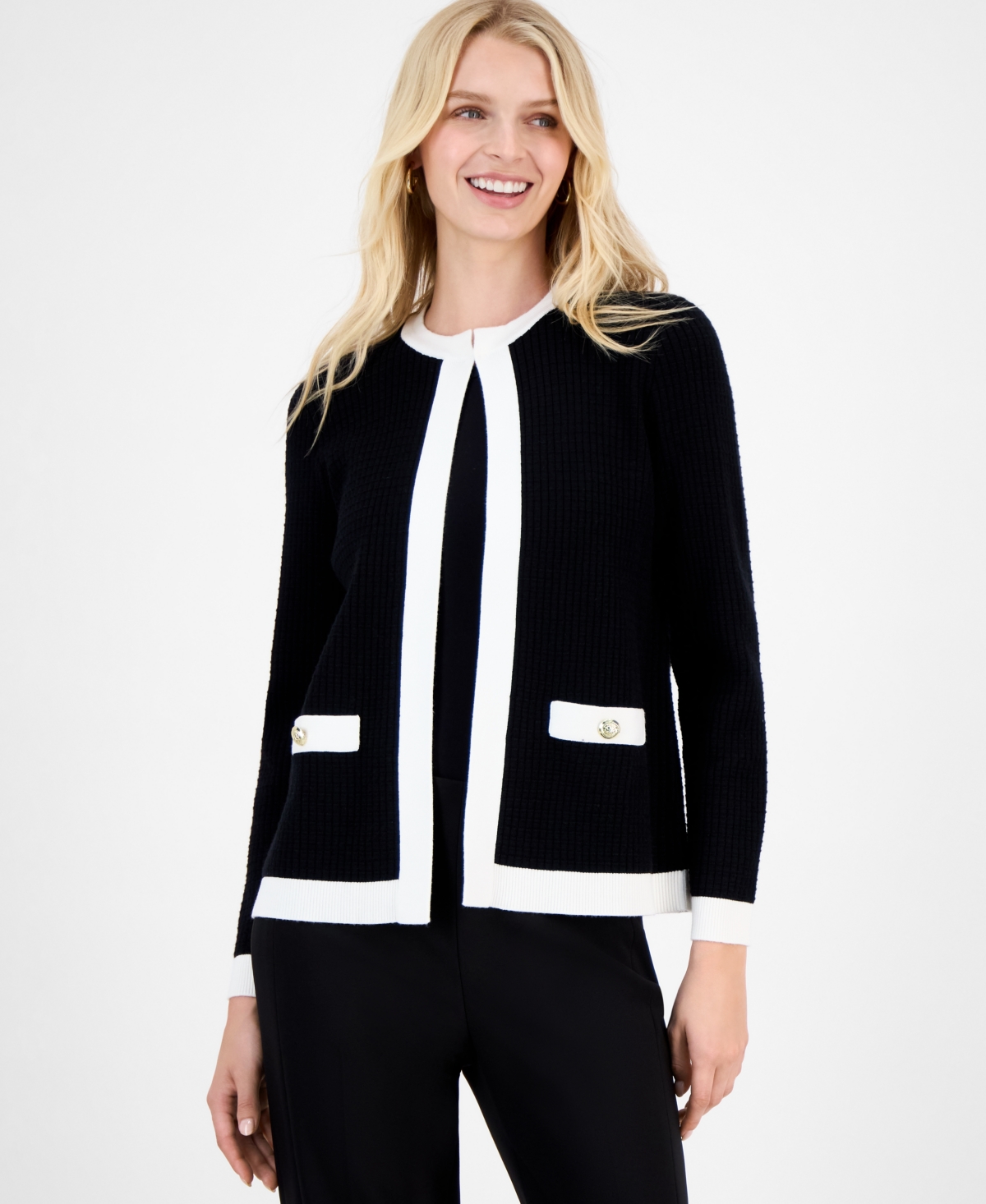 Click here for Kasper Petite Kiss-Front Waffle-Knit Jacket - Blac... prices