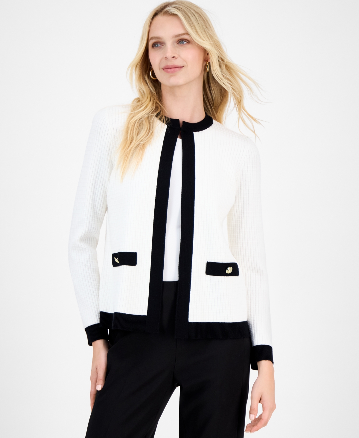 Click here for Kasper Petite Kiss-Front Waffle-Knit Jacket - Vani... prices