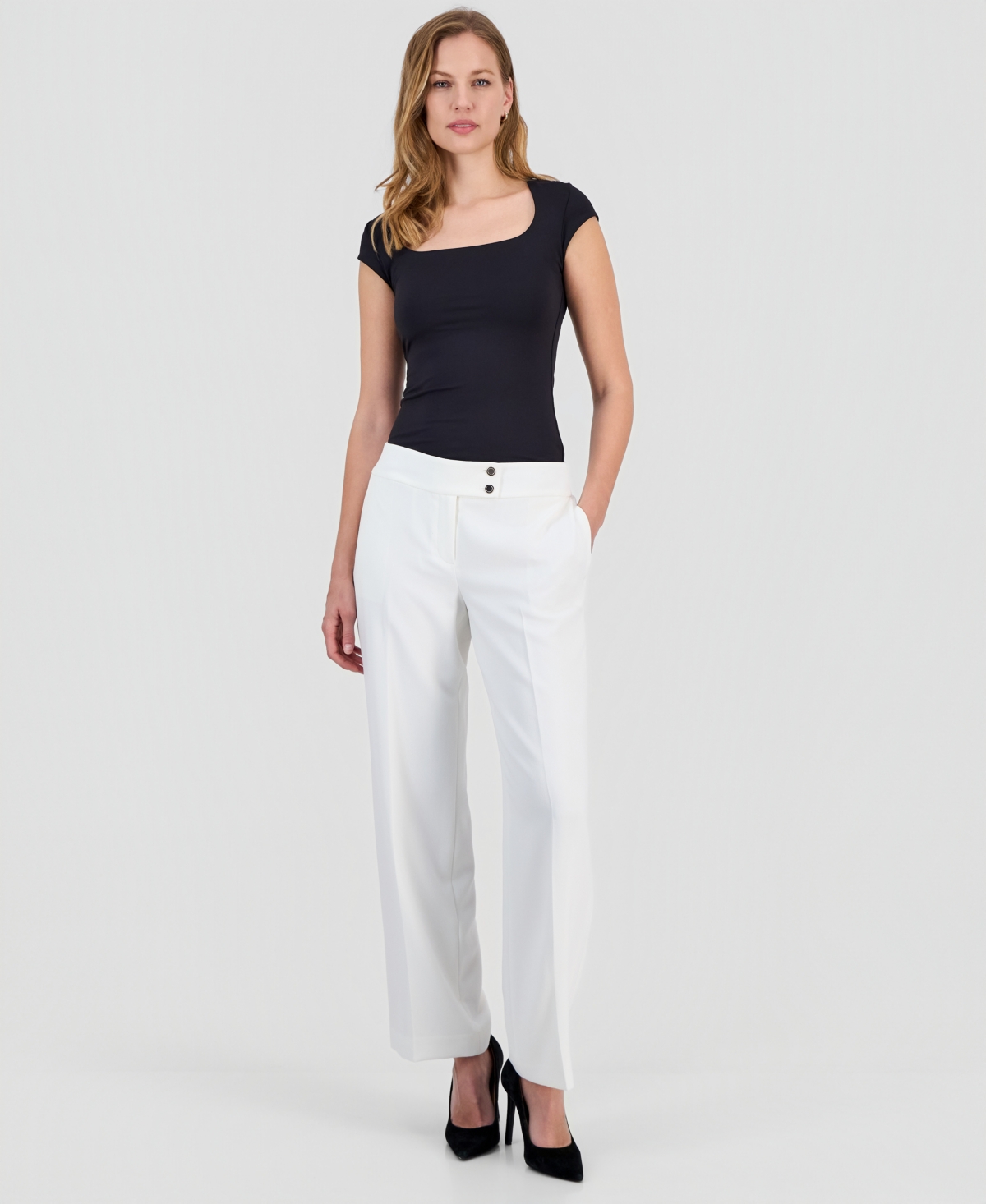 Click here for Kasper Petite Extended-Tab Wide-Leg Pants - Vanill... prices
