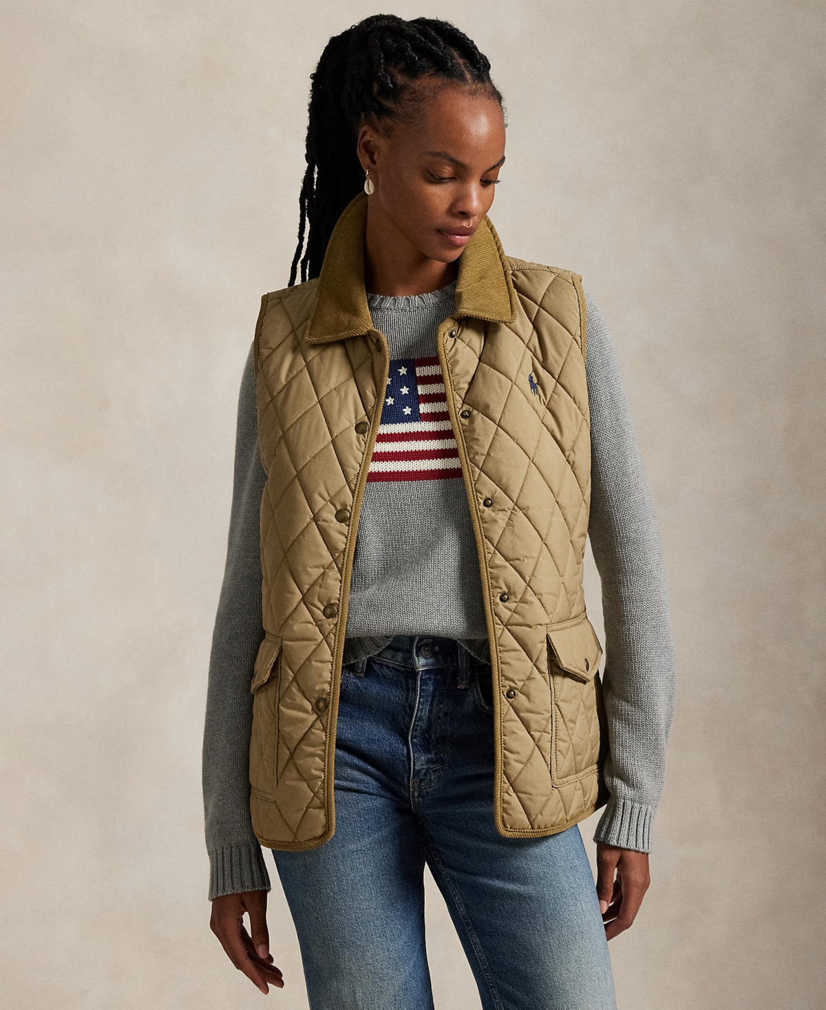 Polo Ralph Lauren Womens Corduroy-Trim Quilted Vest - Desert Khaki