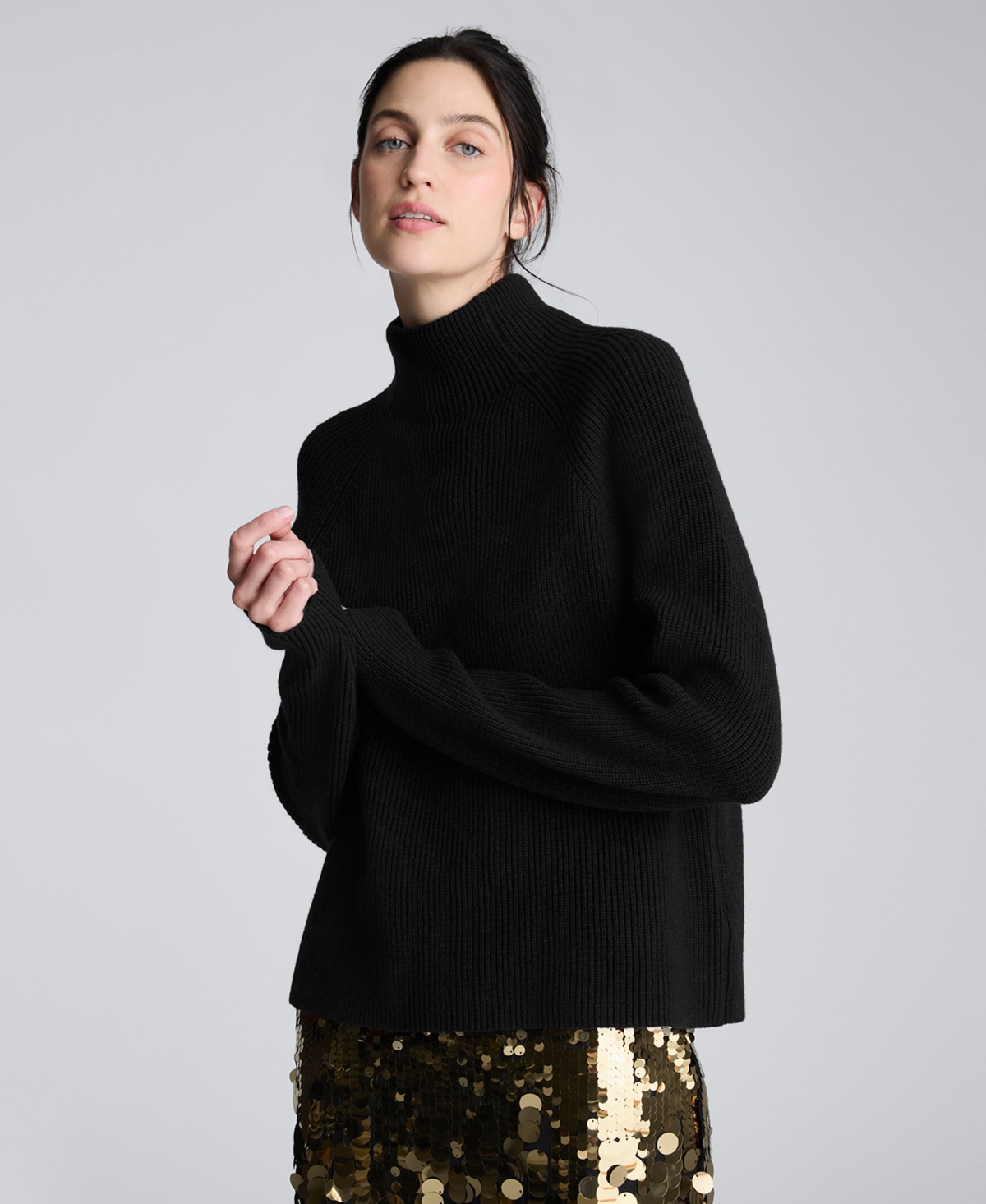 Kenneth Cole Womens Mock Neck Raglan Sweater - Black