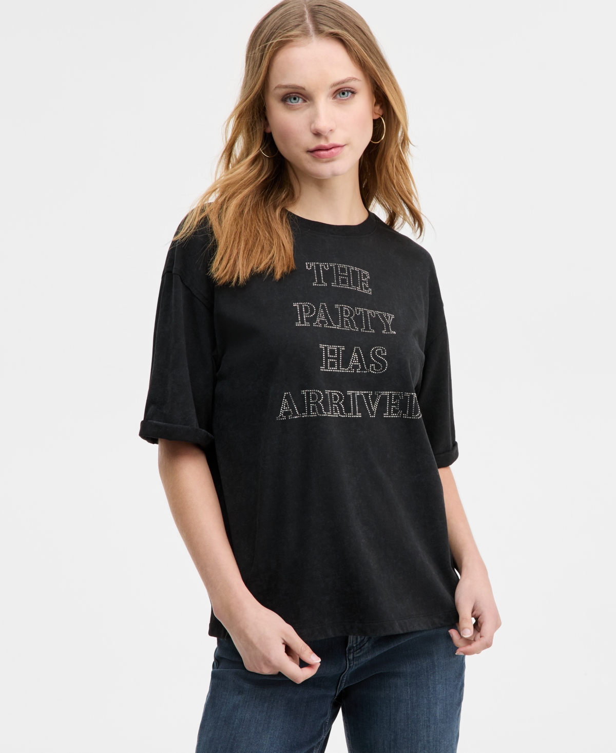 Click here for Boss Orange Womens Short-Sleeve Studded Party T-Sh... prices