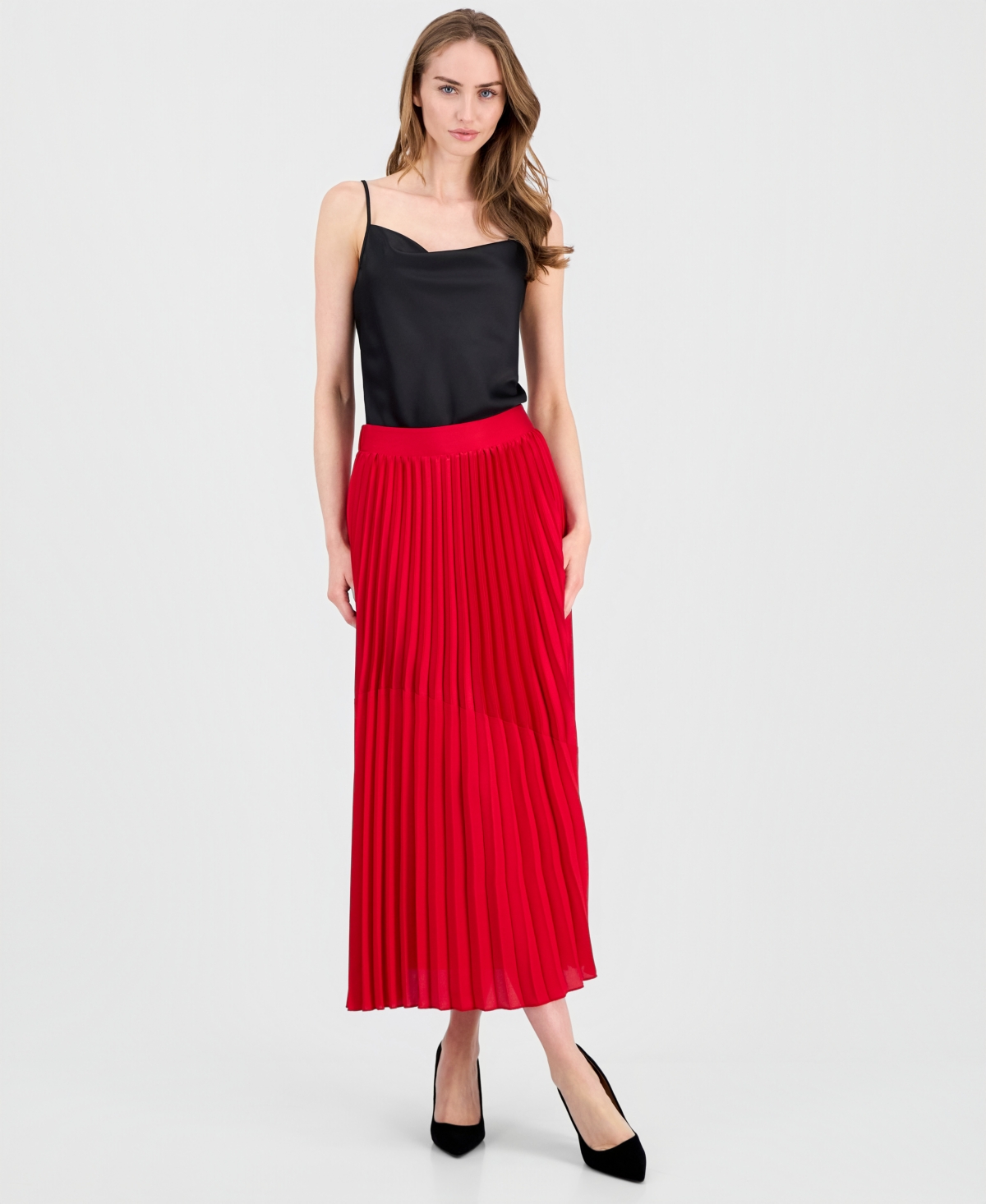 Click here for T Tahari Womens Pull-On Pleated Mixed-Media Skirt... prices