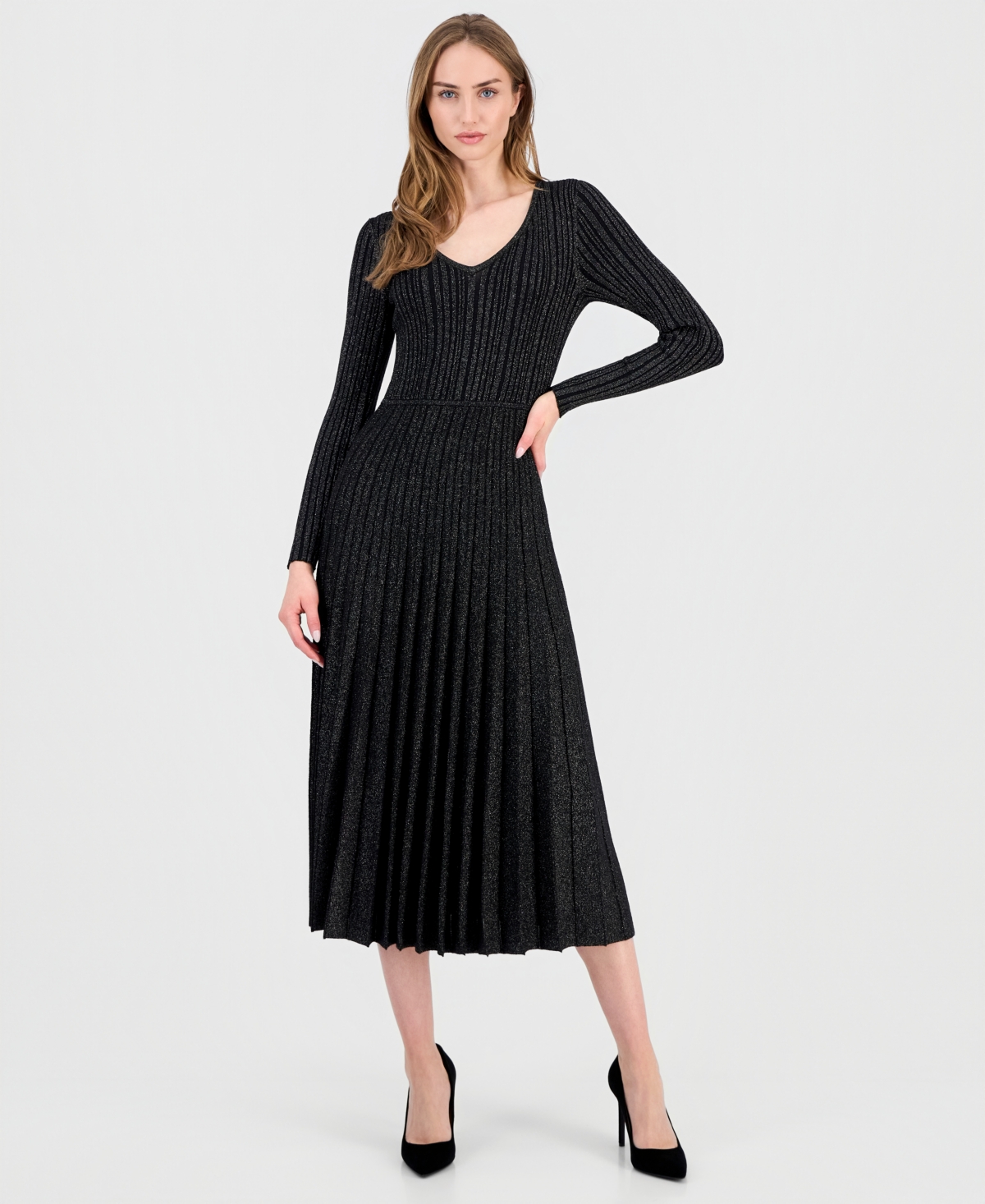 Click here for T Tahari Womens Ribbed Metallic Midi Dress - Black... prices