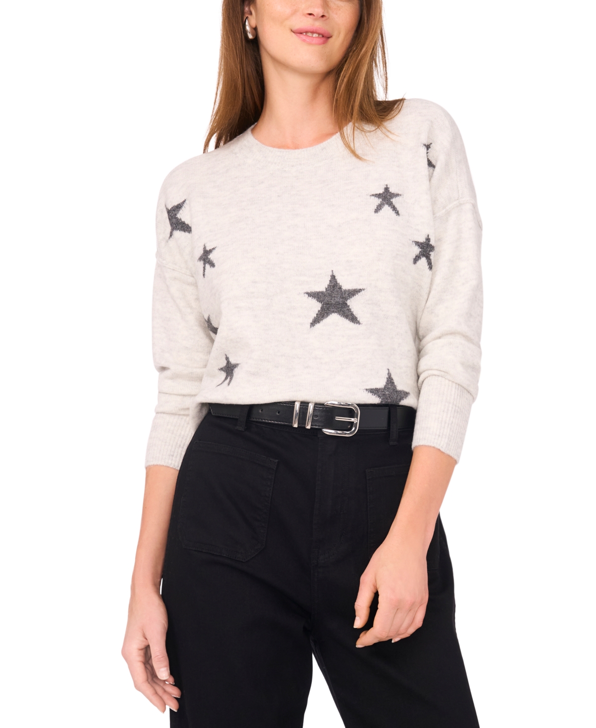 Click here for Vince Camuto Womens Cozy Crewneck Star-Print Dropp... prices