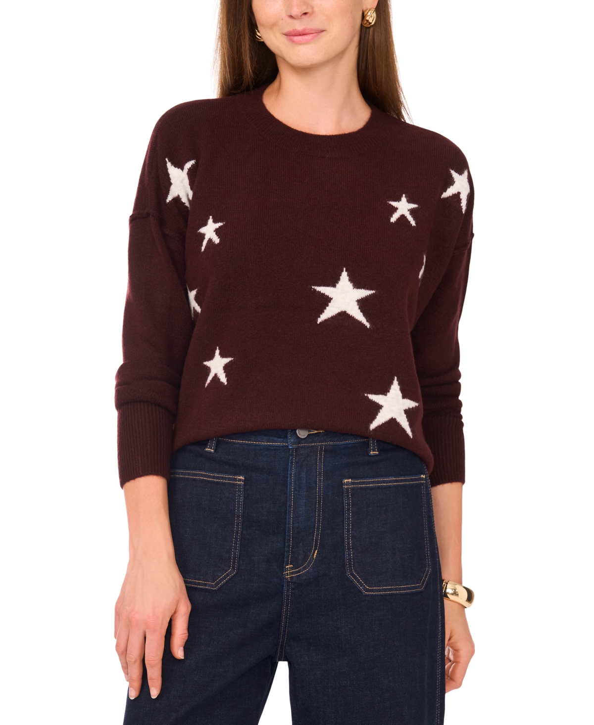 Click here for Vince Camuto Womens Cozy Crewneck Star-Print Dropp... prices