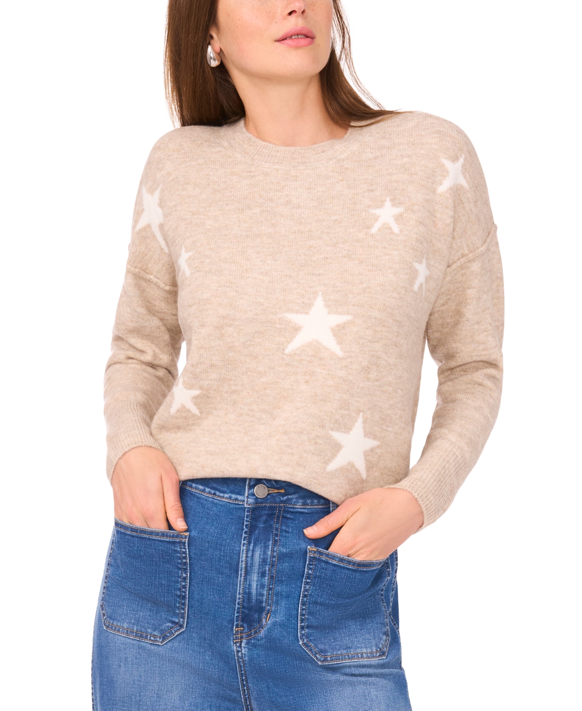 Click here for Vince Camuto Womens Cozy Crewneck Star-Print Dropp... prices