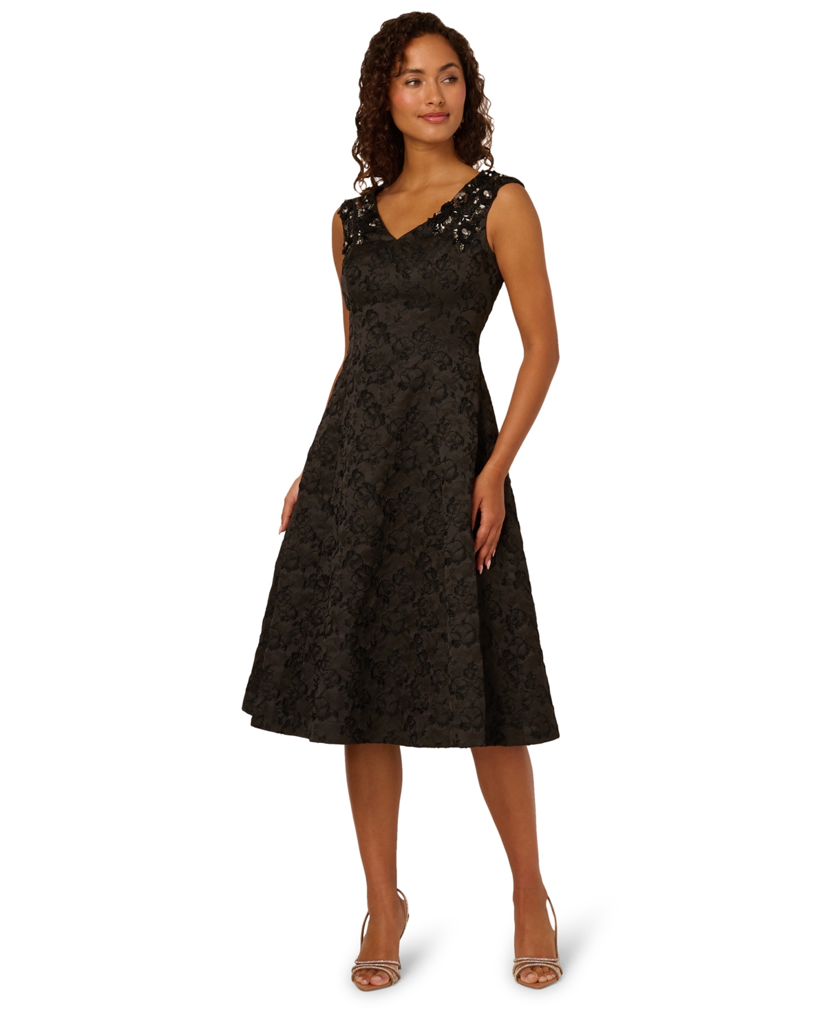 Adrianna Papell Womens Bead Jacquard Midi Dress - Black