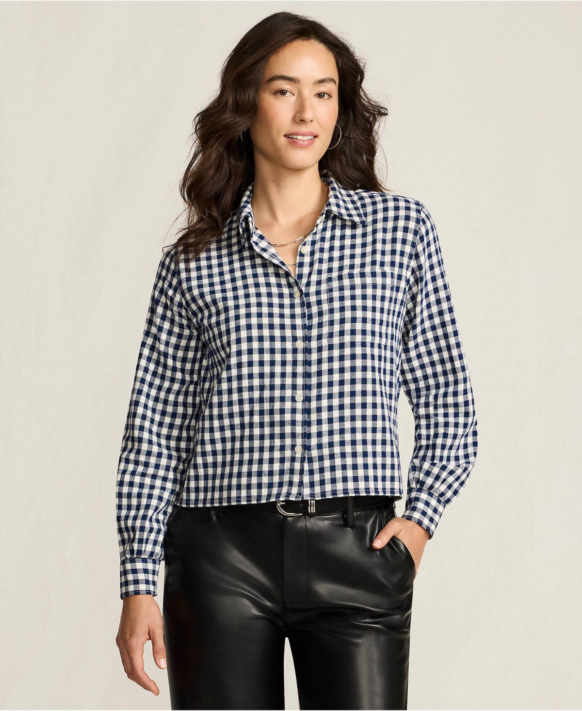 Click here for Lands End Womens Cropped Flannel Shirt - Deep sea/... prices
