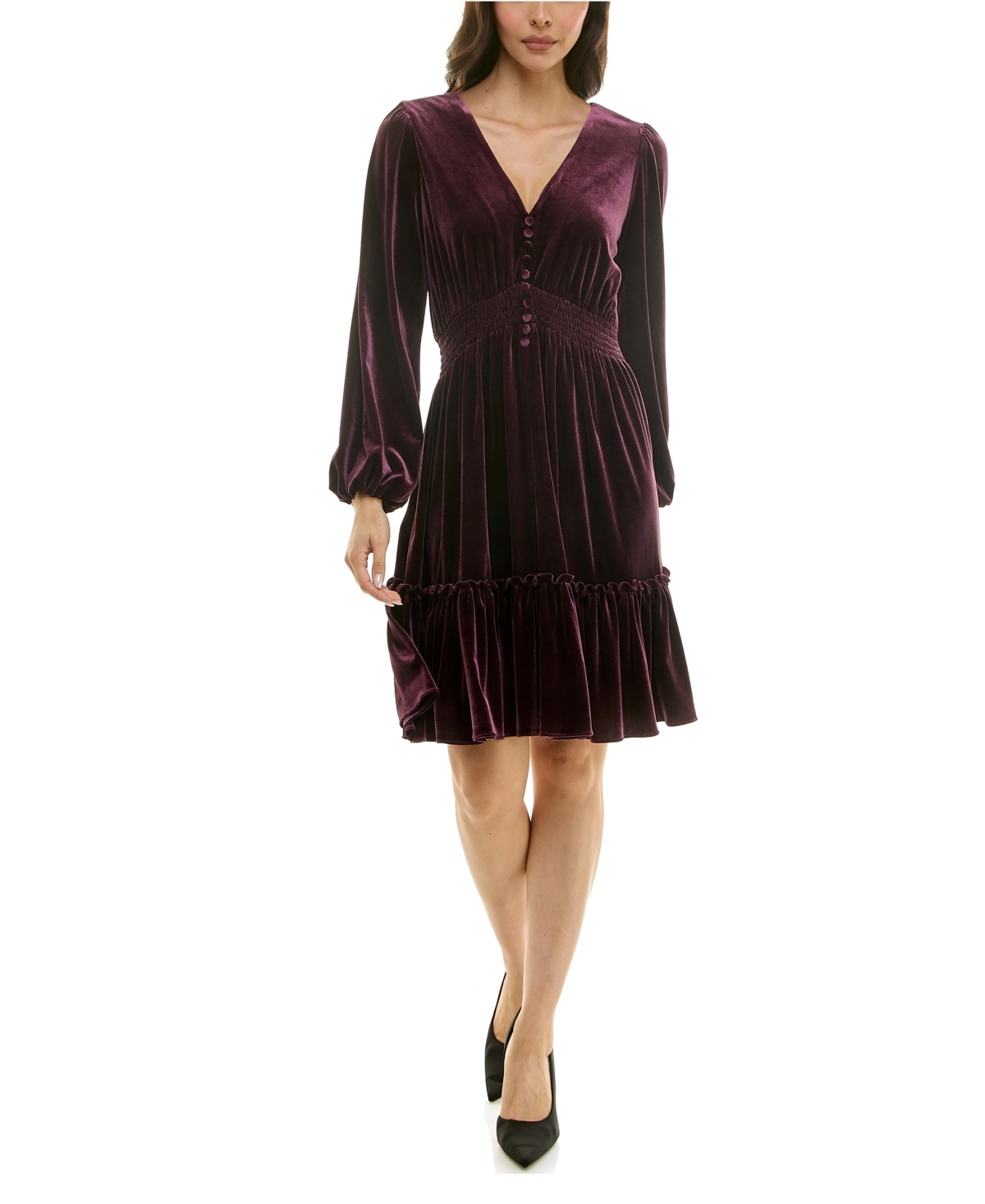 Click here for Taylor Womens V-Neck Smocked-Waist Long-Sleeve Vel... prices