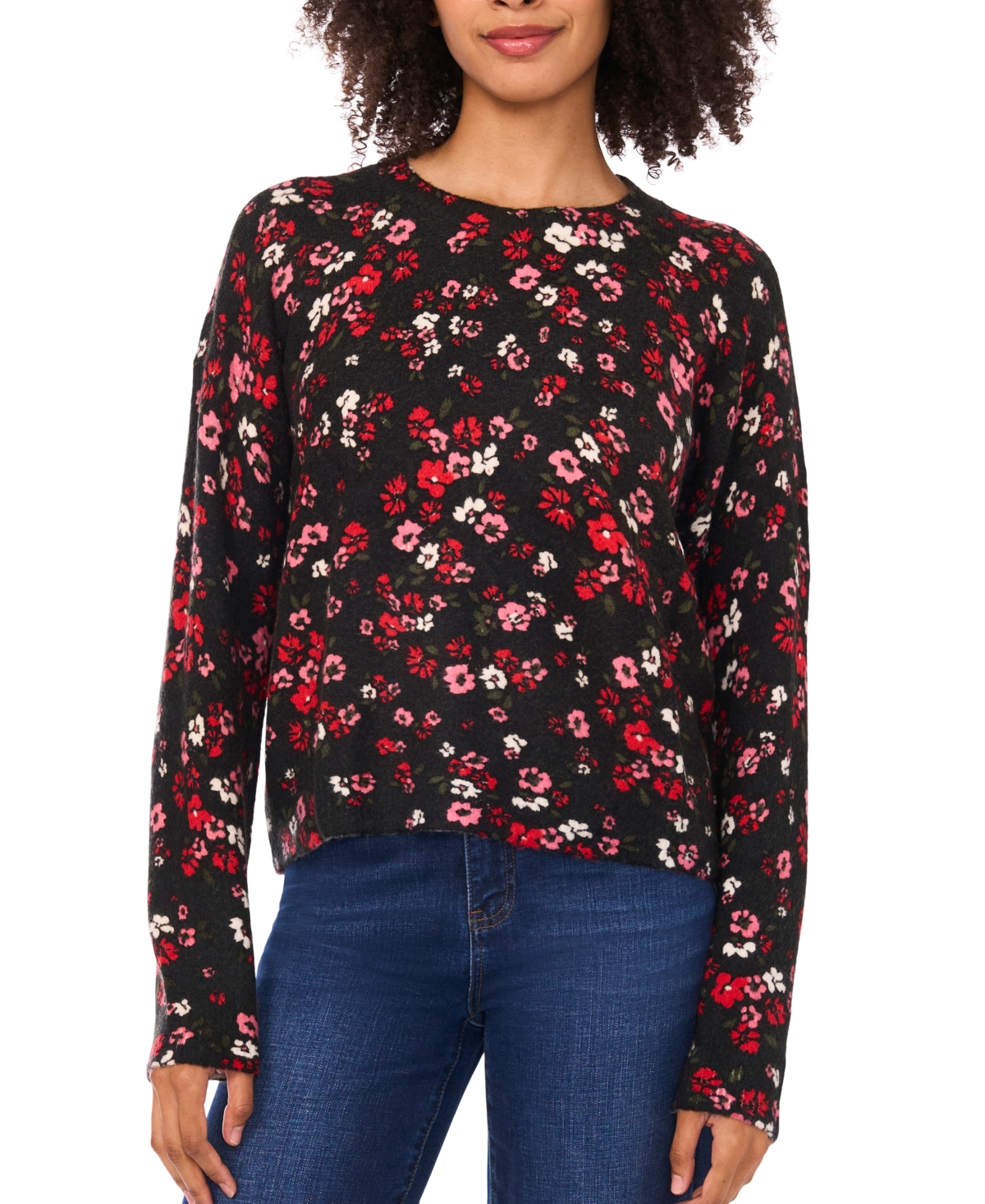 Click here for CeCe Womens Printed Crewneck Sweater - Rich Black prices