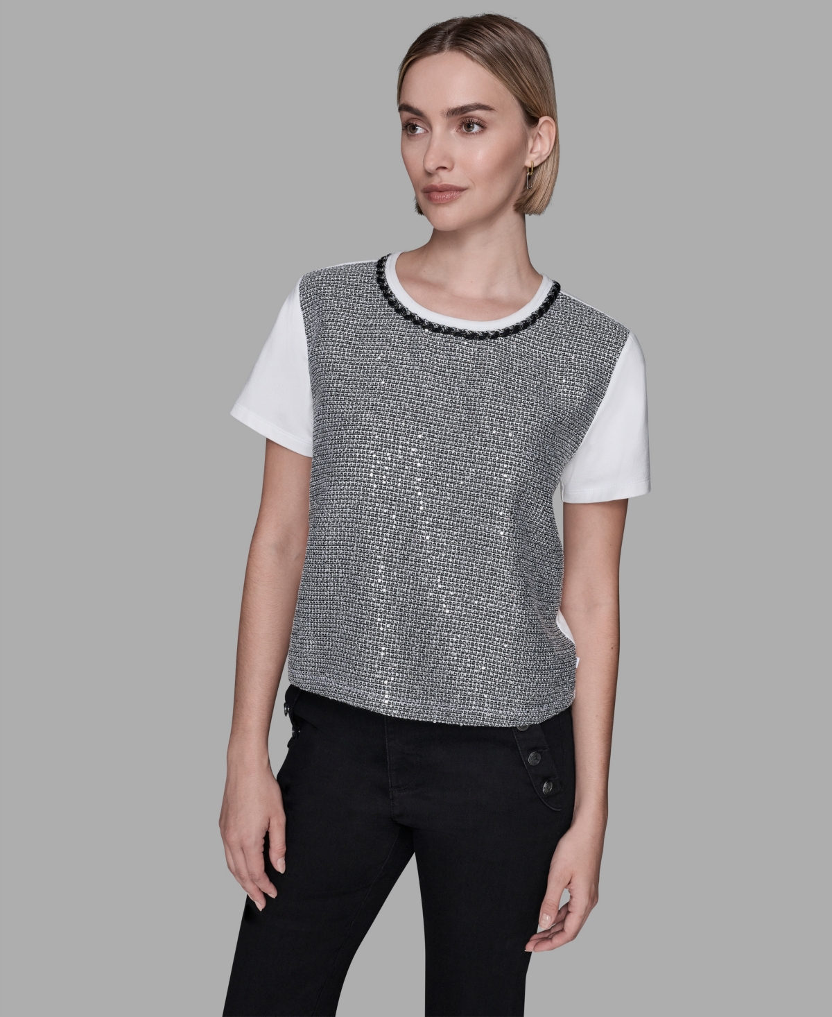 Karl Lagerfeld Paris Womens Embellished Top - Gray White