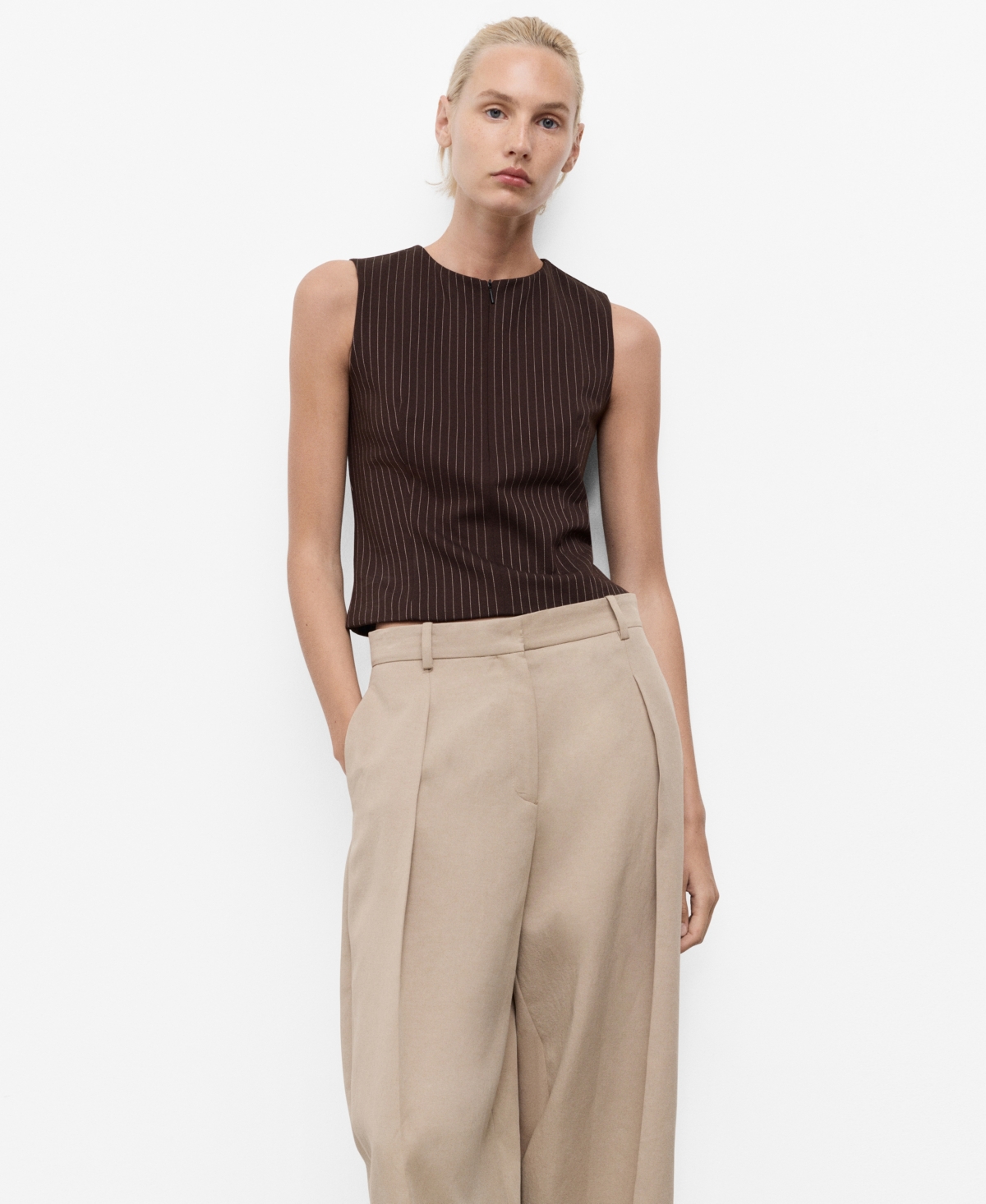 Click here for Mango Womens Fitted Zip-Up Top - Brown prices