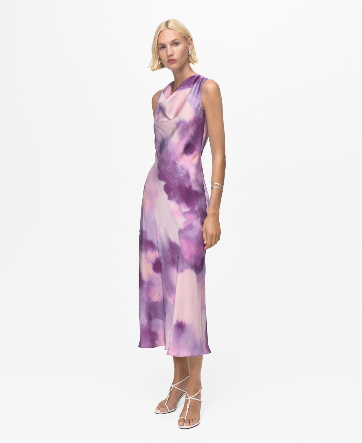Click here for Mango Womens Draped Neckline Satin Tie-Dye Dress -... prices
