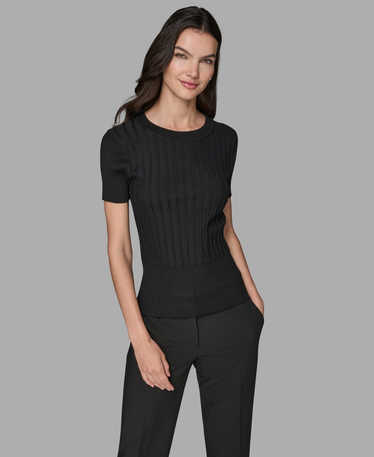 Karl Lagerfeld Paris Womens Short Sleeve Sweater Knit Top - Black