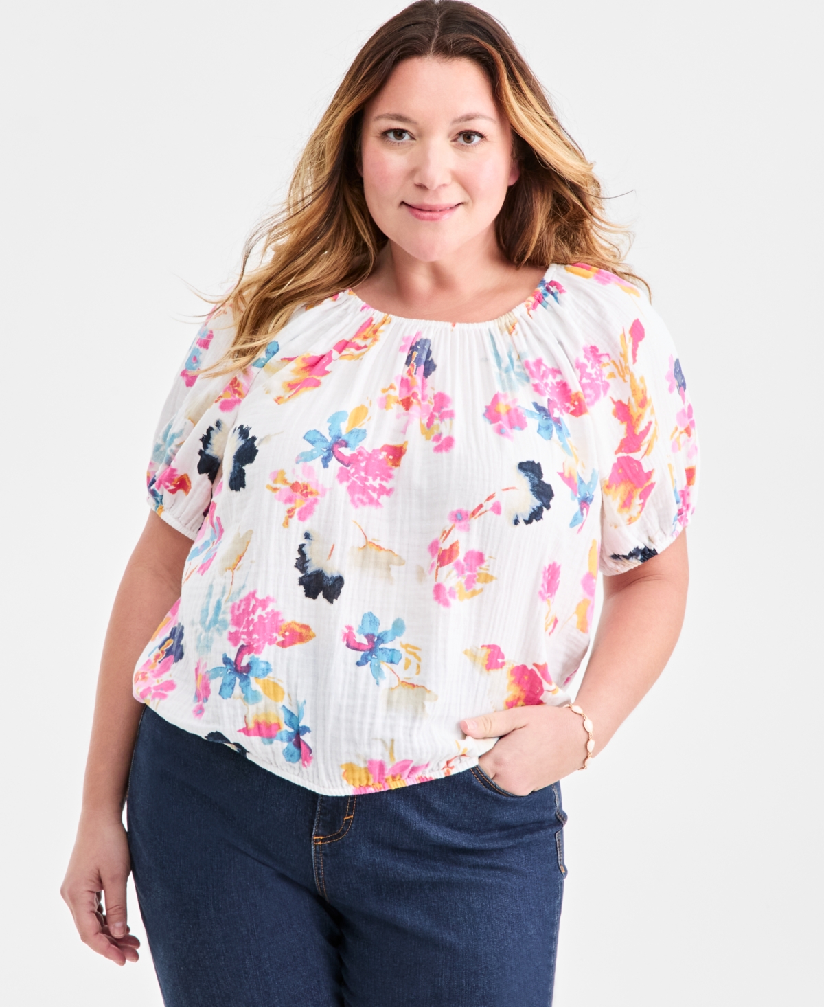 Click here for Style & Co Plus Size Cotton Puff-Sleeve Bubble Top... prices