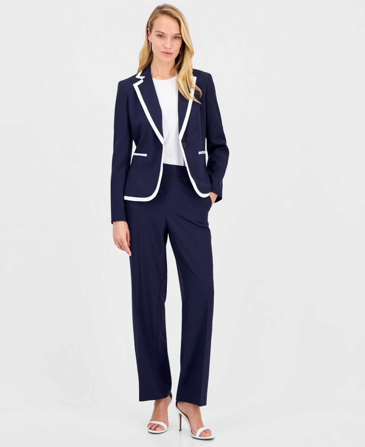 Click here for Le Suit Womens Notch-Lapel Colorblocked Pantsuit -... prices