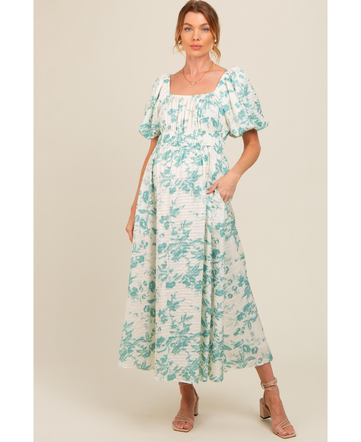 Click here for Pinkblush Maternity Teal Floral Puff Sleeve Midi D... prices