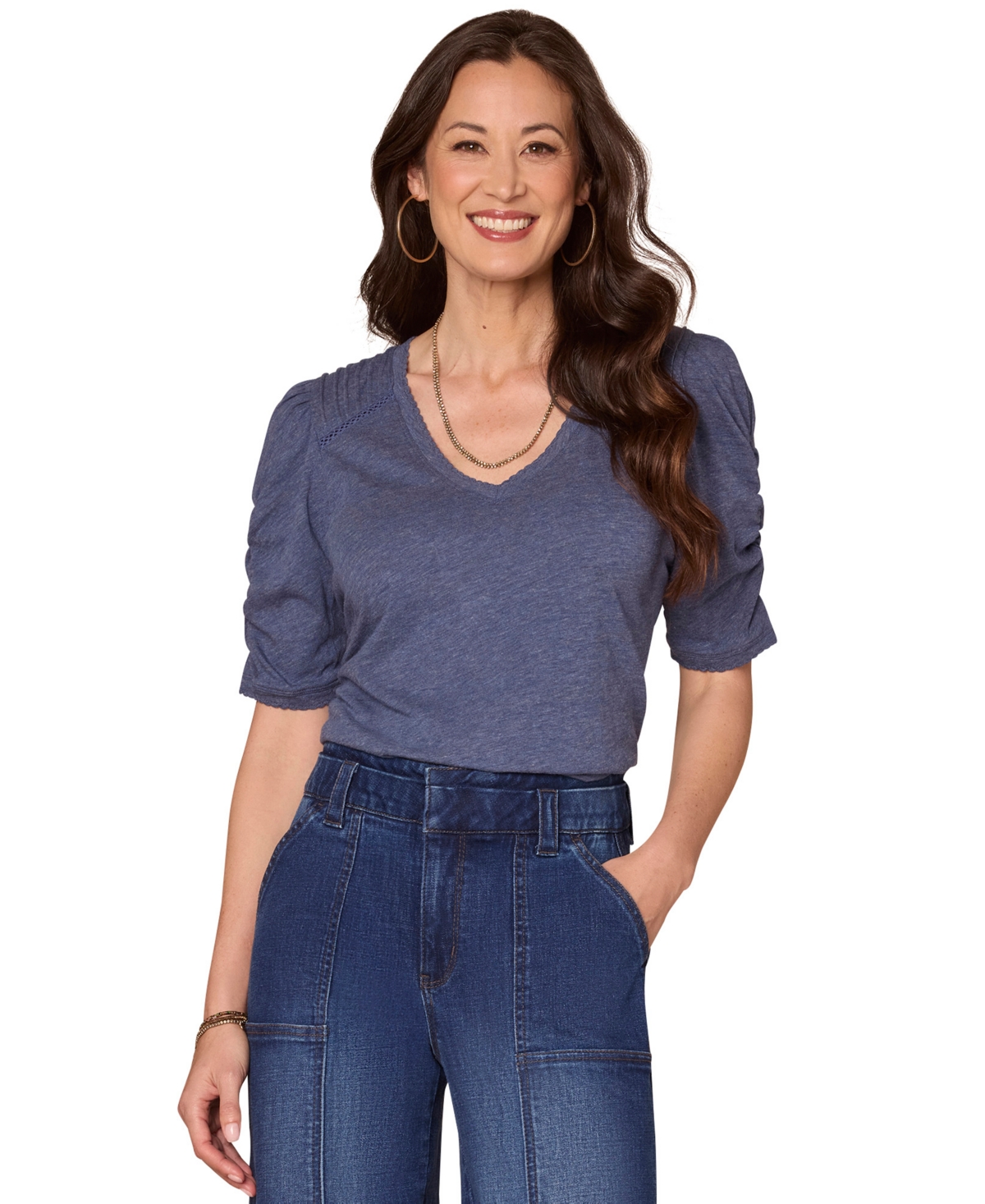 Petite Democracy Short Puff Sleeve V-Neck Crochet Blouse