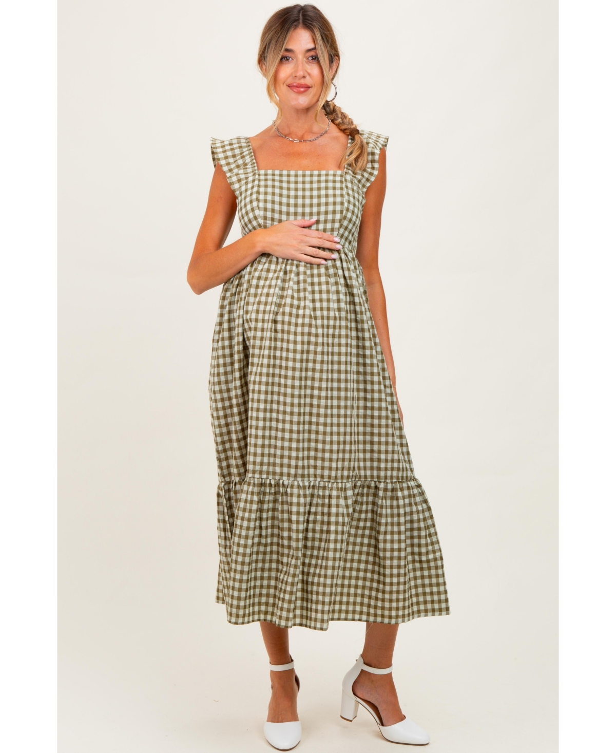 Click here for Pinkblush Maternity Olive Gingham Ruffle Strap Mid... prices