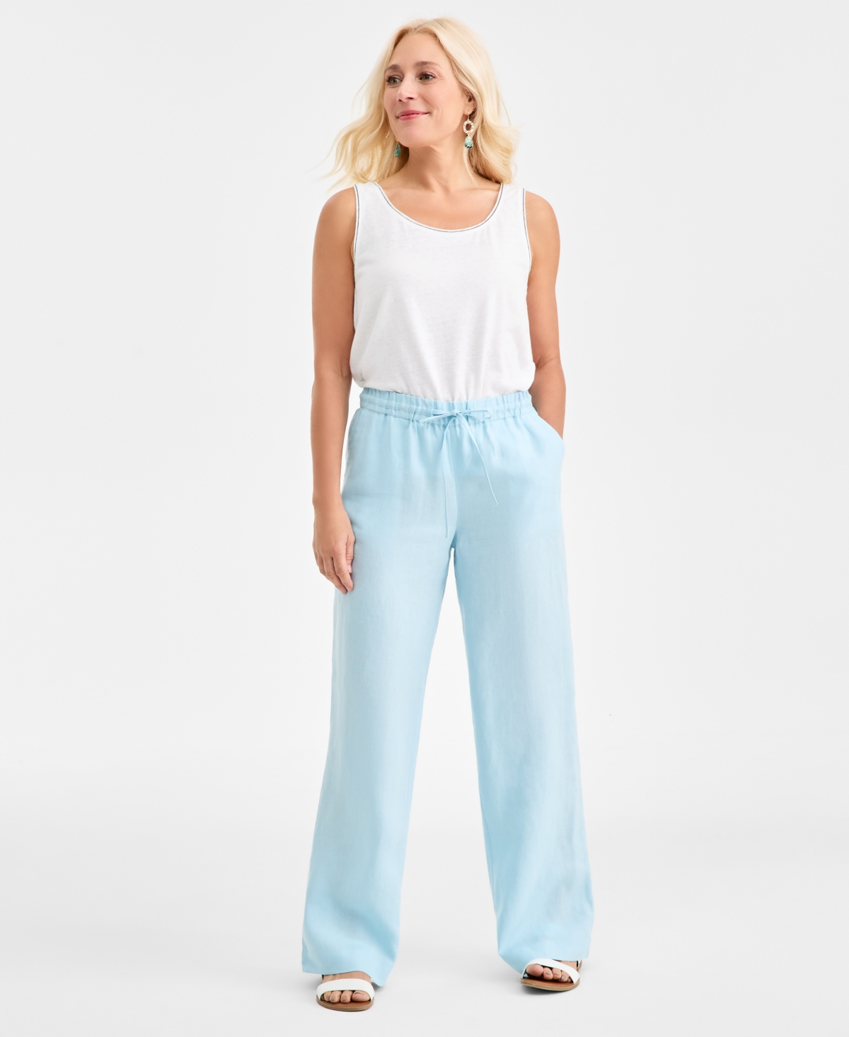 Charter Club Womens 100 Linen Drawstring Pants  Created for Macys - Aquamarine