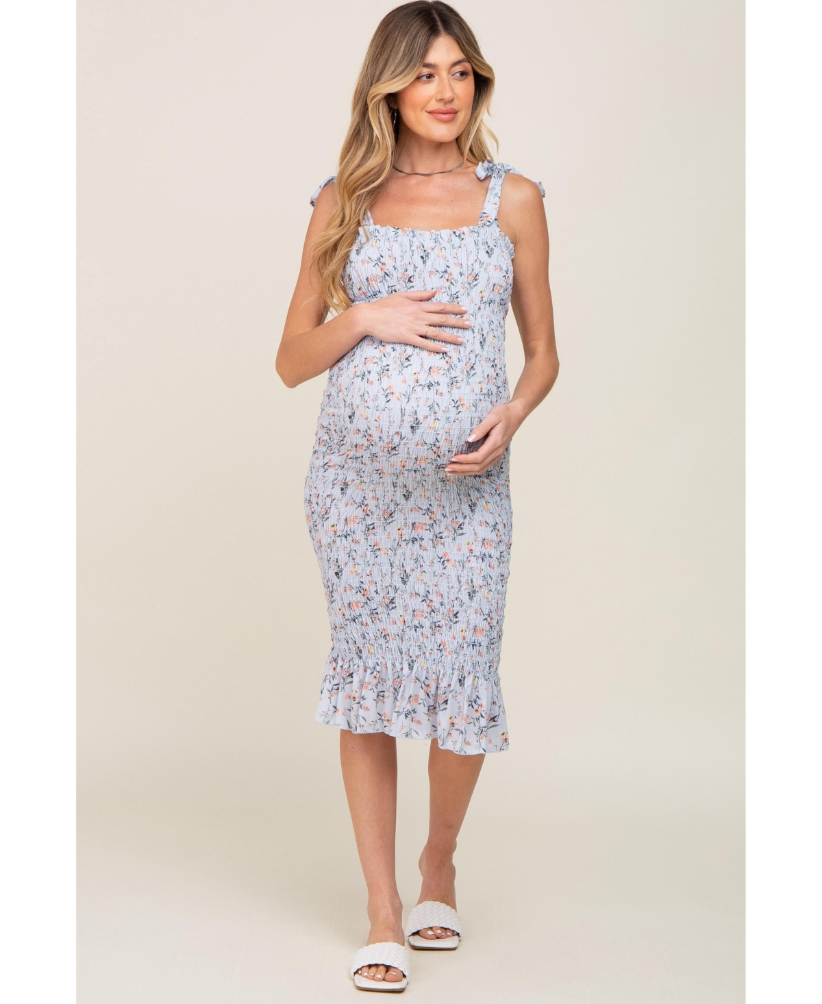Click here for Pinkblush Light Blue Floral Smocked Fitted Materni... prices