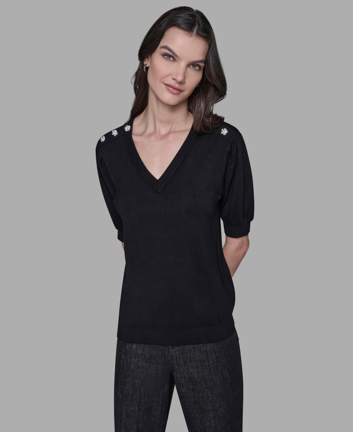 Karl Lagerfeld Paris Womens V-Neck Button Detail Sweater - Black