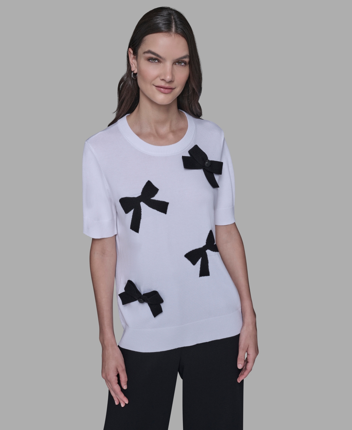 Karl Lagerfeld Paris Womens Short Sleeve Bow Applique Detail Sweater - Soft White/Black