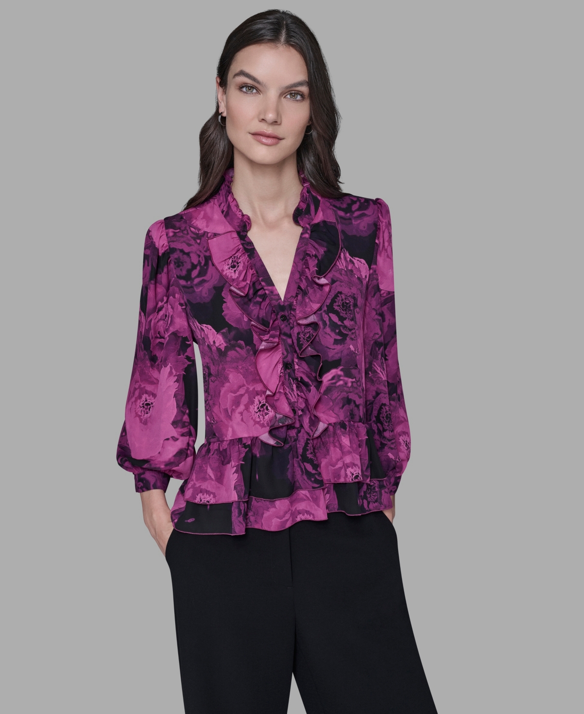 Karl Lagerfeld Paris Womens V-Neck Floral Print Ruffle Detail Top - Bright Jewel Pink
