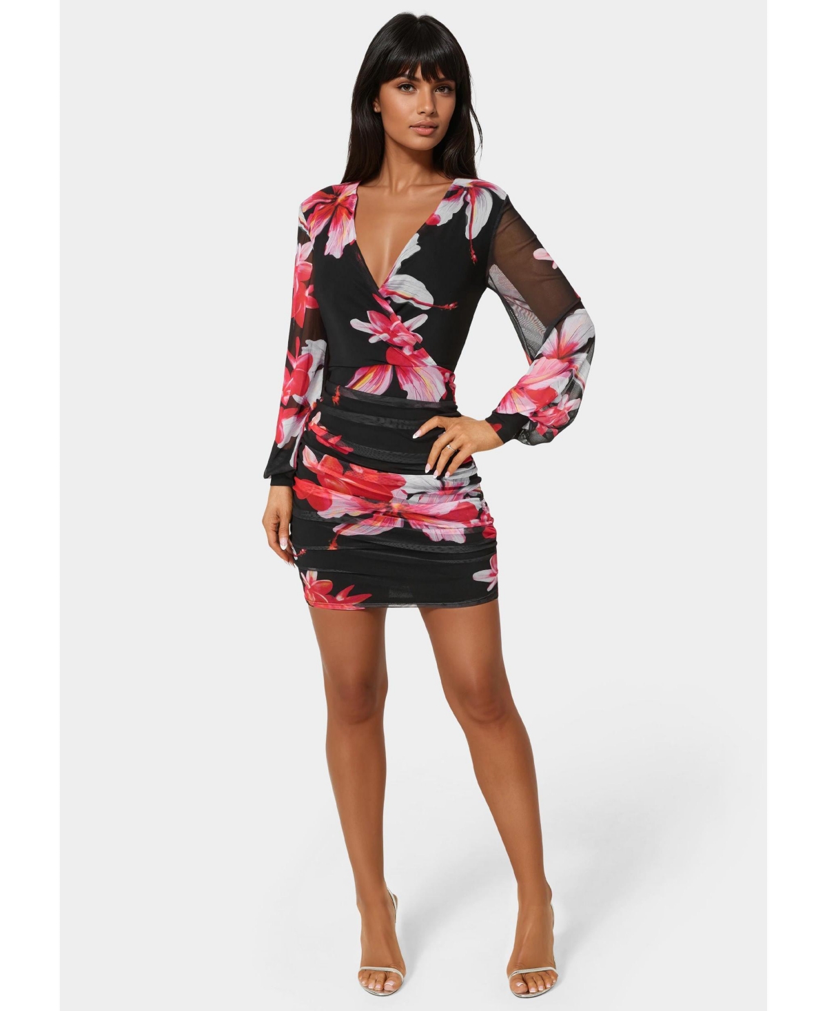Click here for Bebe Womens Long Sleeve Faux Wrap Ruched Mini Dres... prices