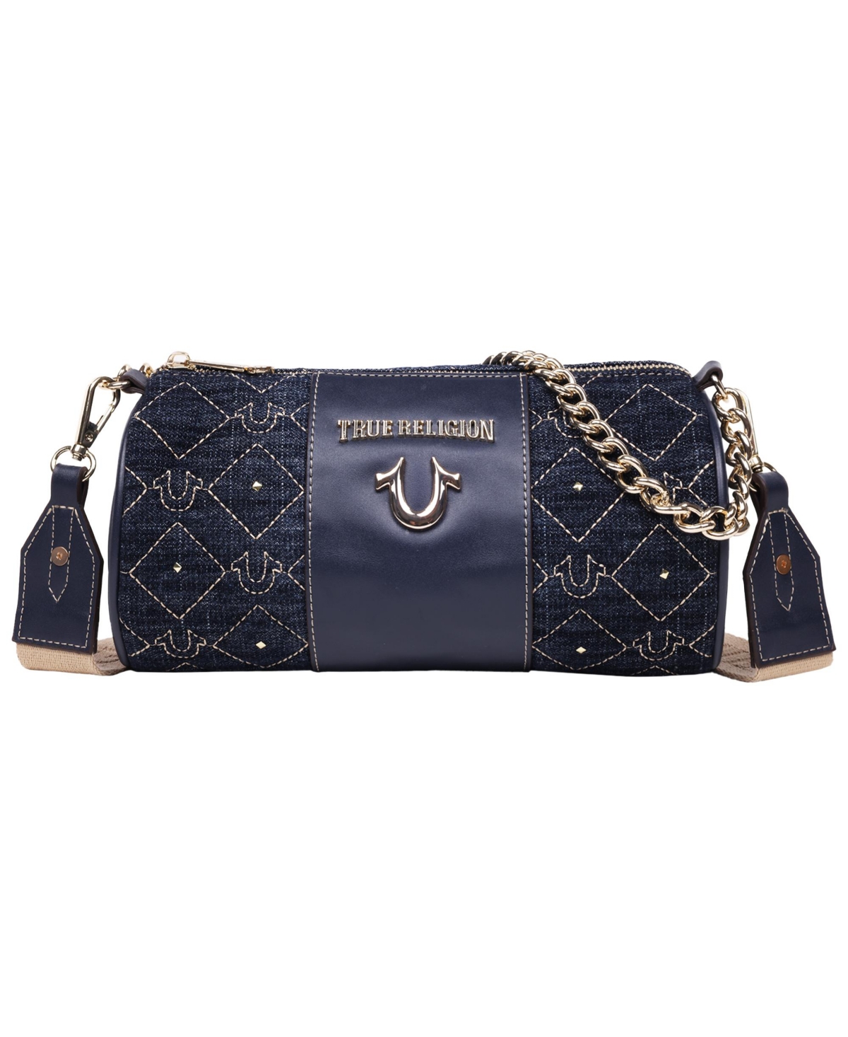 Click here for True Religion Studded Denim Zip Top Barrel Bag - D... prices