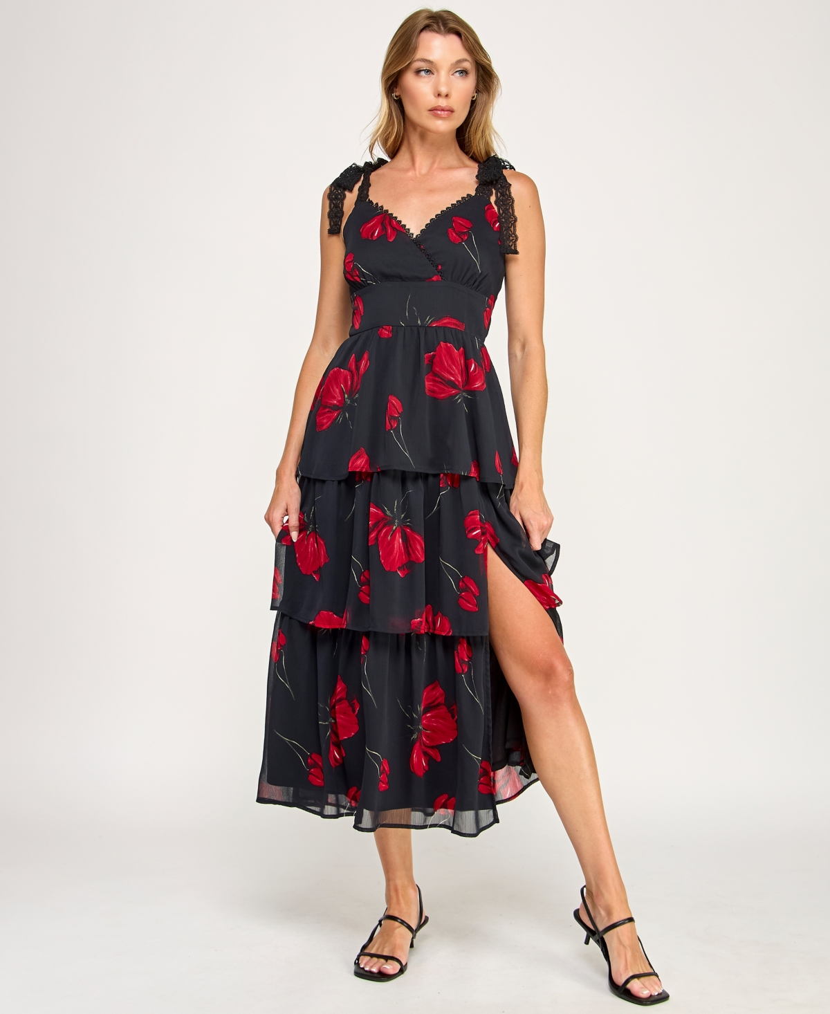 Row A Juniors Sleeveless Tiered Floral Midi Dress - Black multi