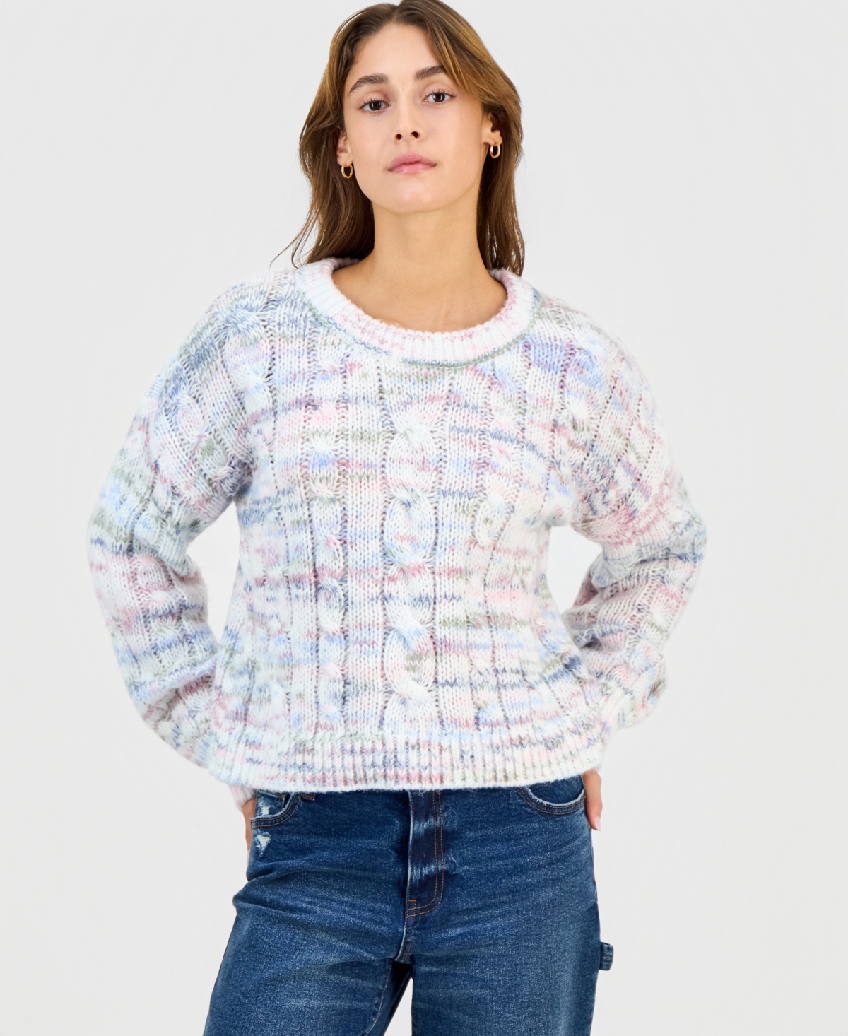 Click here for Hippie Rose Juniors Chunky Cable-Knit Crewneck Swe... prices