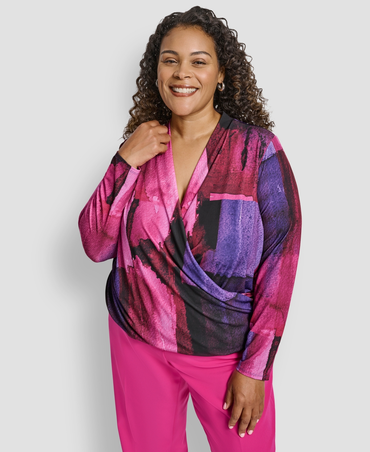 Click here for Dkny Plus Size Wrap V-Neck Long Sleeve Top - Fuchs... prices