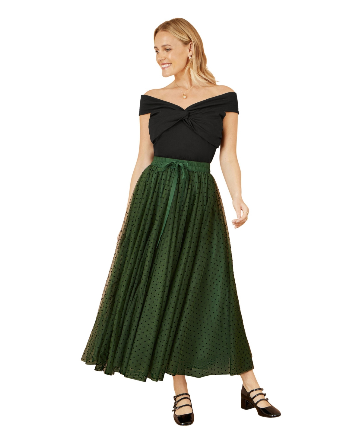 Click here for Yumi Womens Mesh Heart Print Tulle Skirt - Green prices