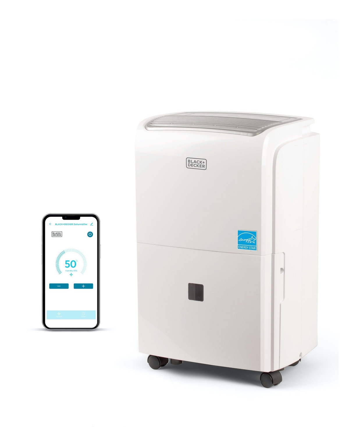 Black+Decker Portable Dehumidifier with Built-in Pump  Smart Home 50 Pint Dehumidifier with Wifi & Alexa - White