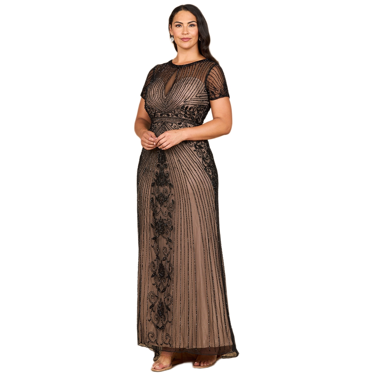 Click here for Lara Womens Beaded Cap Sleeve Illusion Plunge Gown... prices