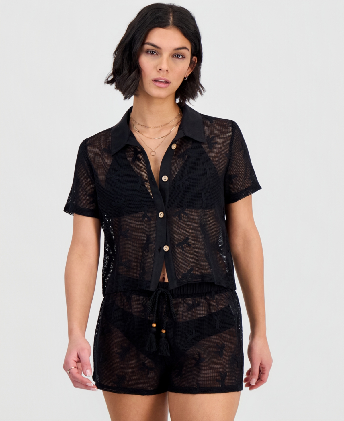 Click here for Miken Womens Crochet Camp Button-Up Swim Shirt - B... prices