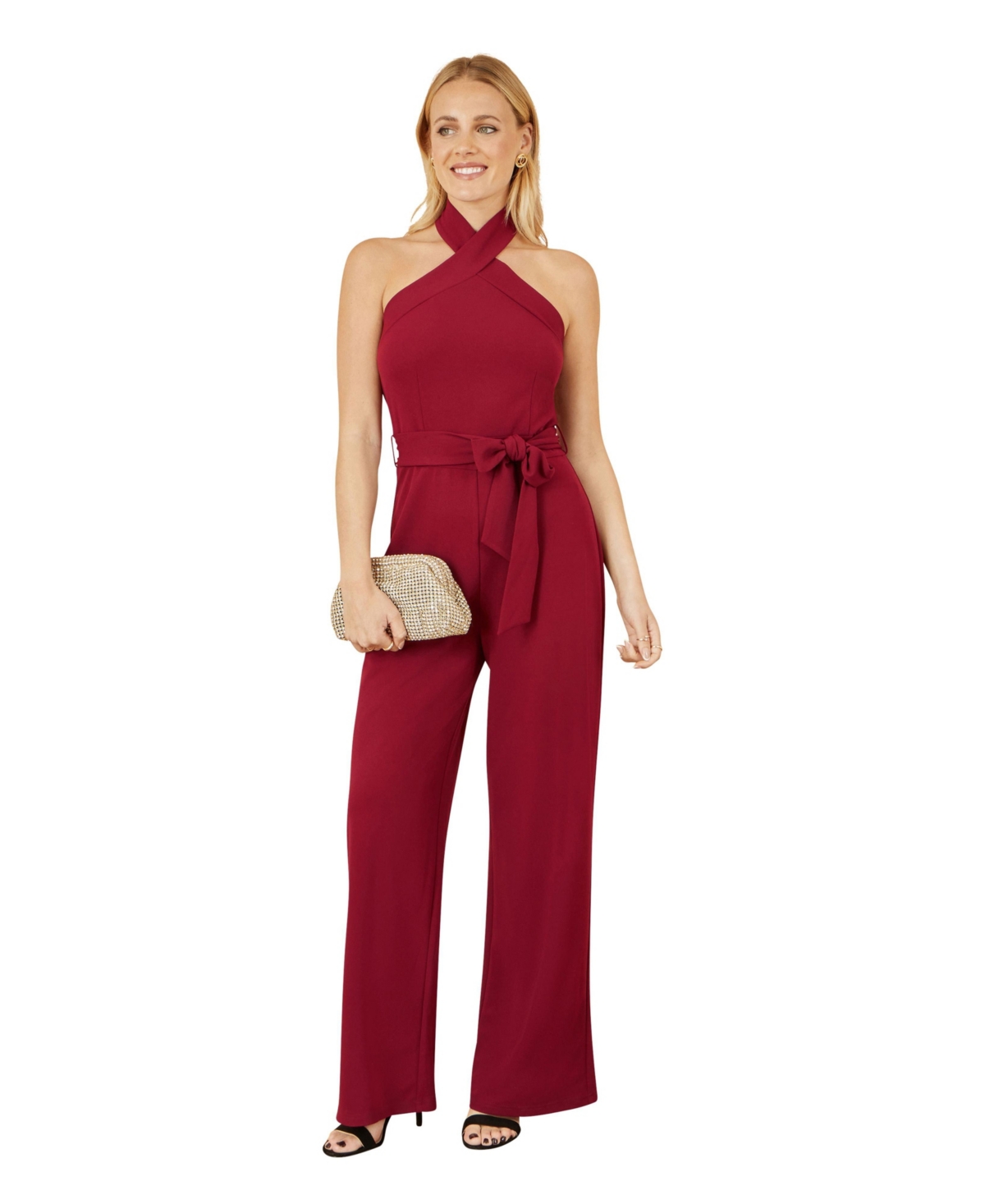 Click here for Yumi Womens Cross Over Halter Neck Jumpsuit - Burg... prices