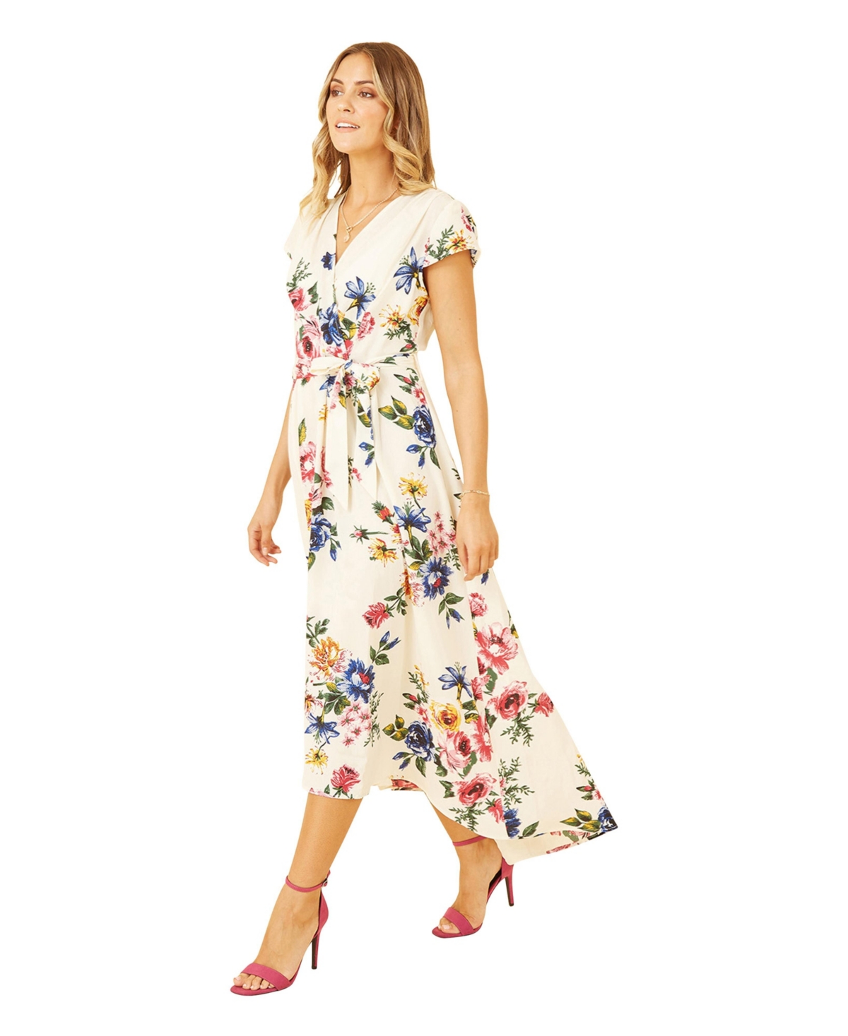 Click here for Yumi Womens Floral Print Dip Hem Wrap Dress - Ivor... prices