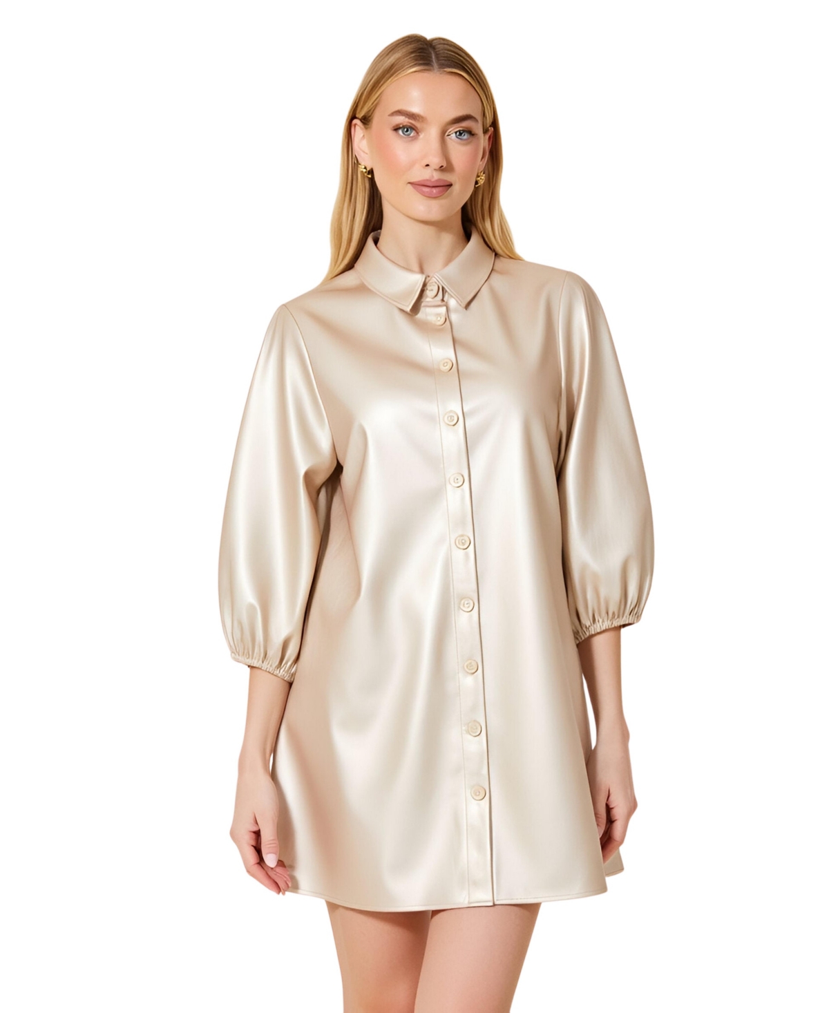 Click here for Modenaire Womens Satin Button-Front Collared Puff-... prices