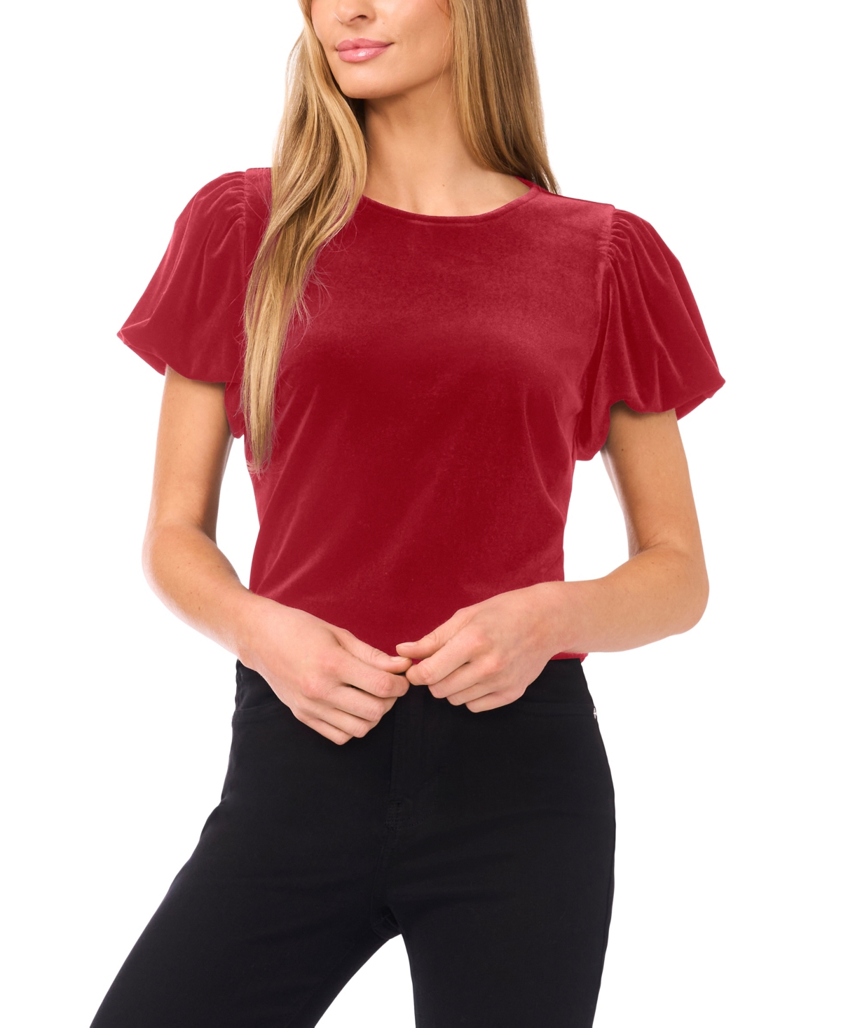 Click here for CeCe Womens Crew Neck Puff Sleeve Top - Red Maple prices