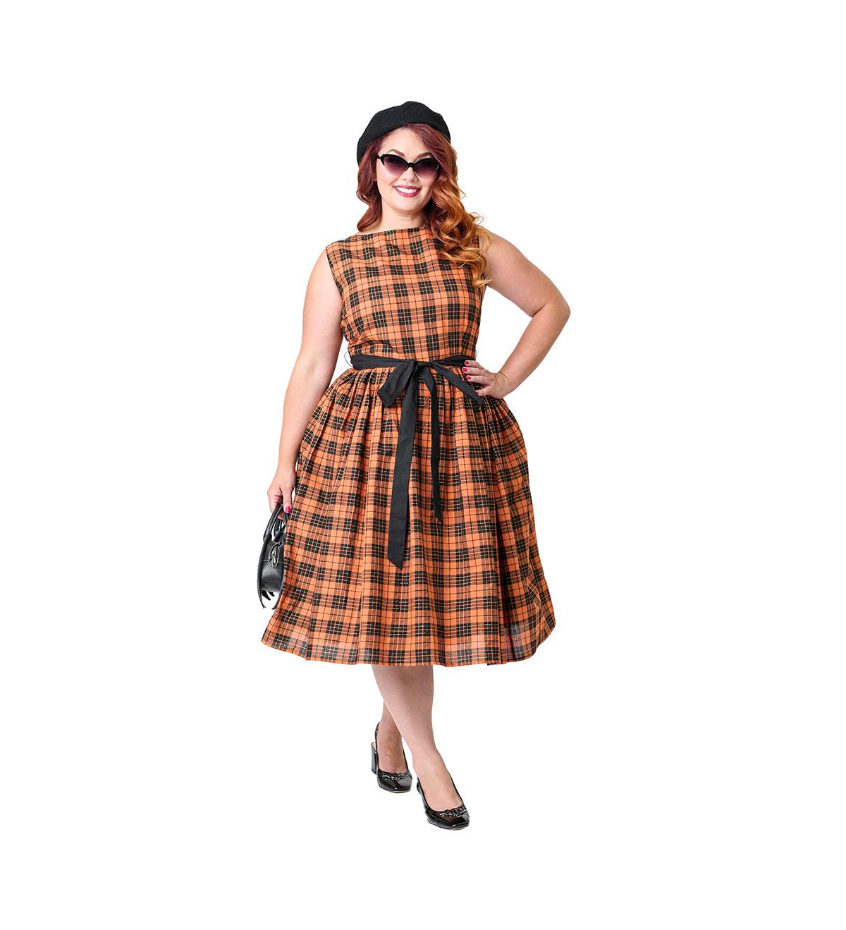 Unique Vintage Plus Size Sleeveless Belted Swing Dress - Orange