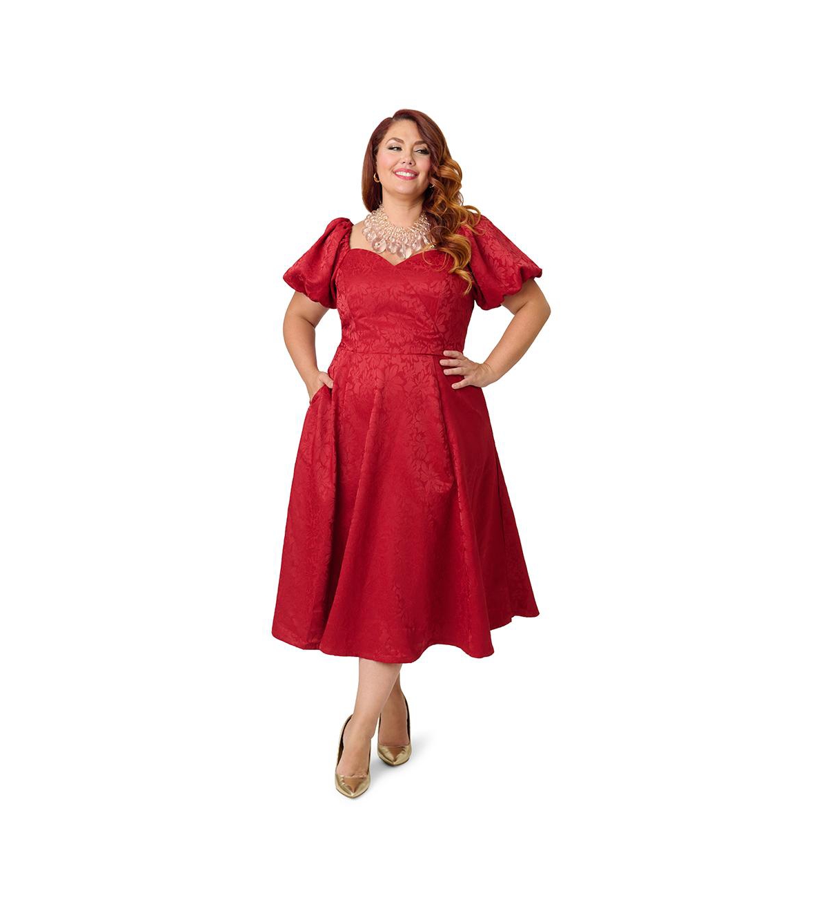 Unique Vintage Plus Size Jacquard Sweetheart Swing Dress - Burgundy